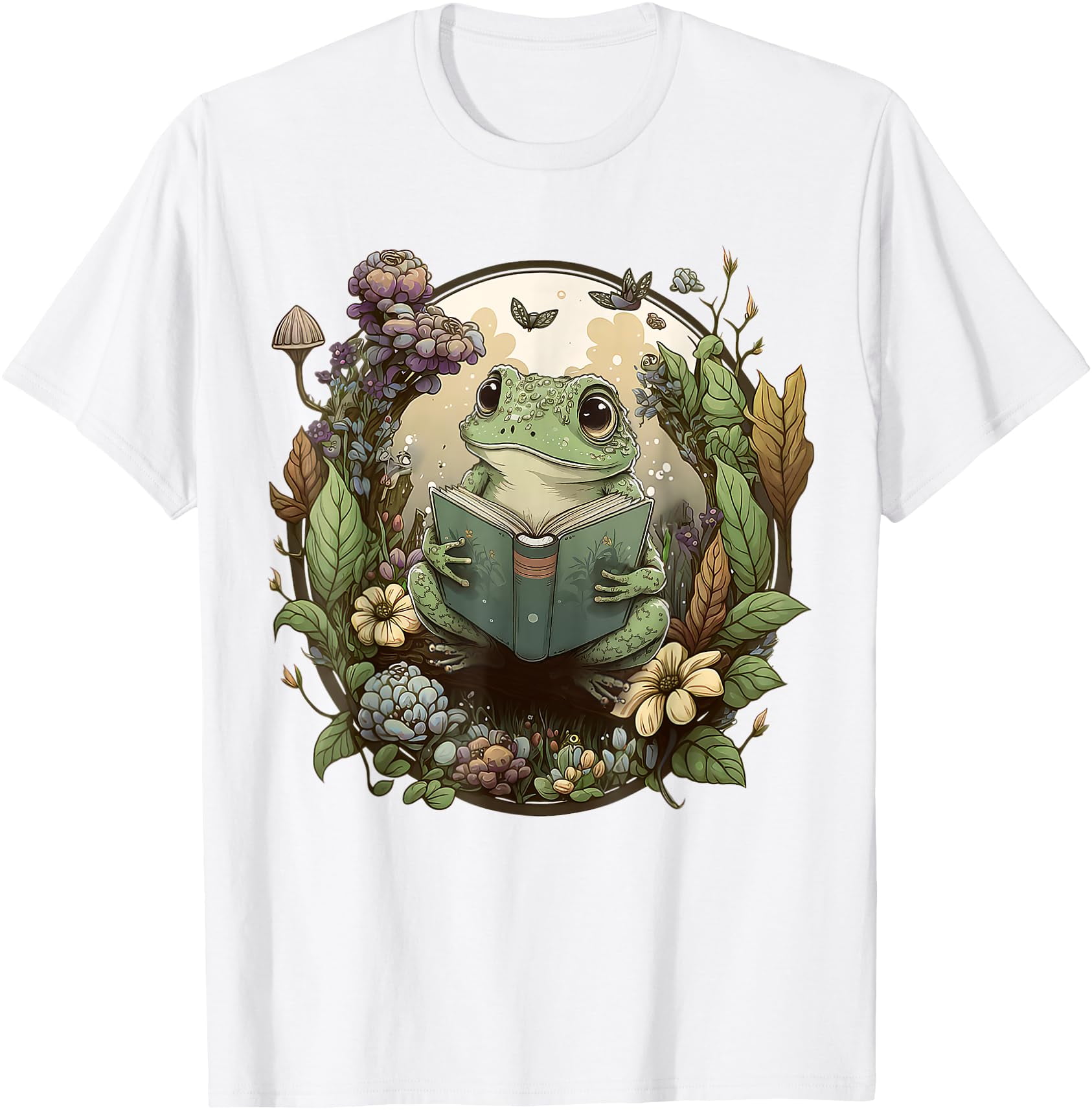 Cottagecore Aesthetic Cute Frog Reading Book Vintage Floral Unisex T-Shirt,Light Blue color,size ...