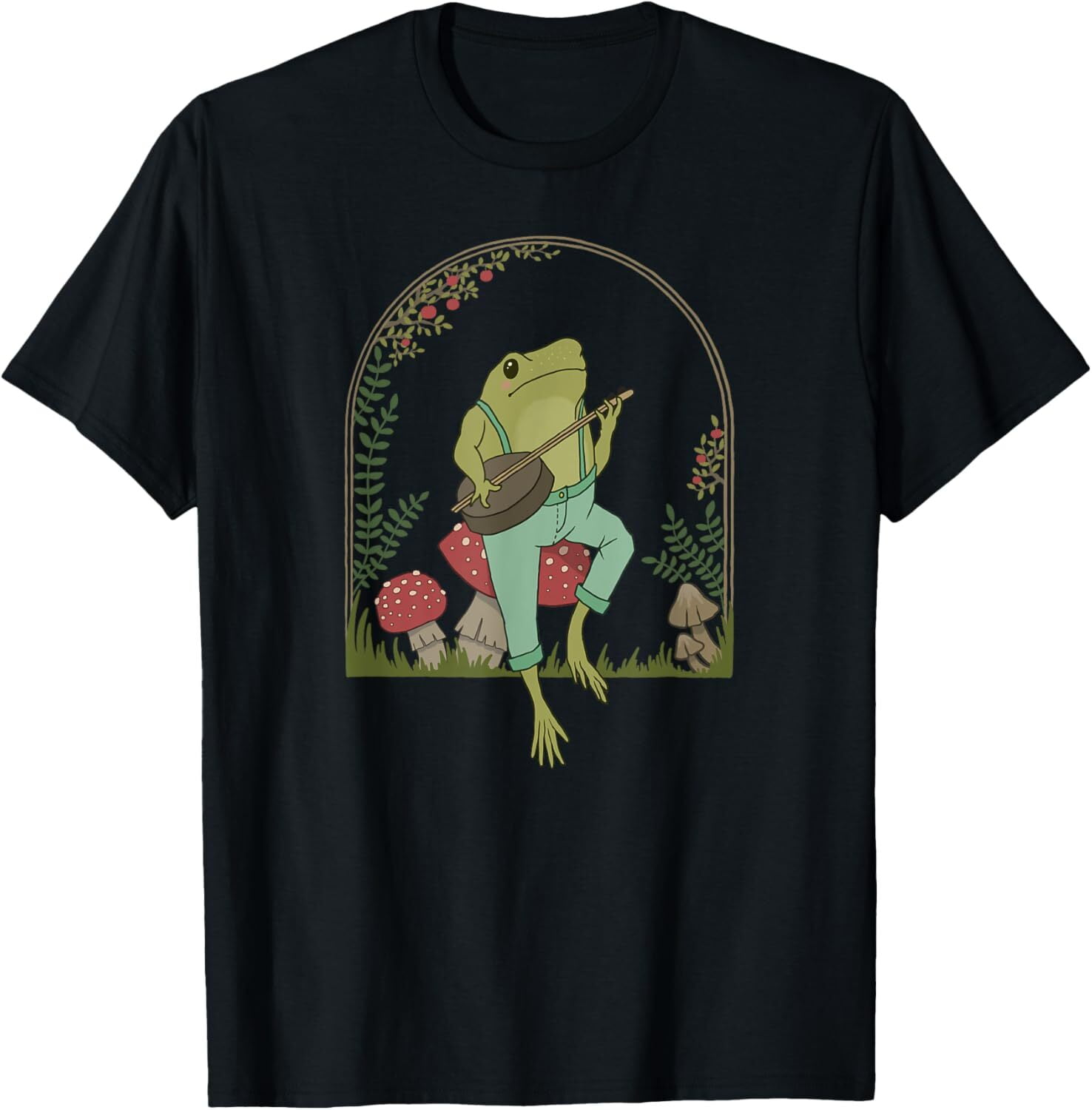Cottagecore Aesthetic Frog Playing Banjo on Mushroom Cute T-Shirt ...