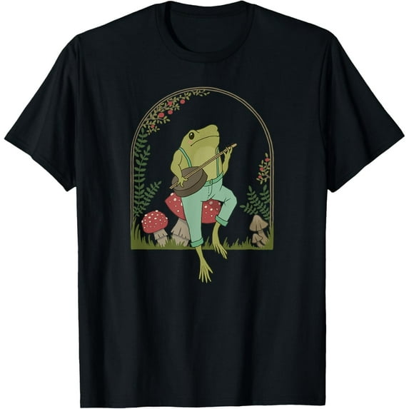 Cottagecore Aesthetic Frog Playing Banjo on Mushroom Cute T-Shirt ...