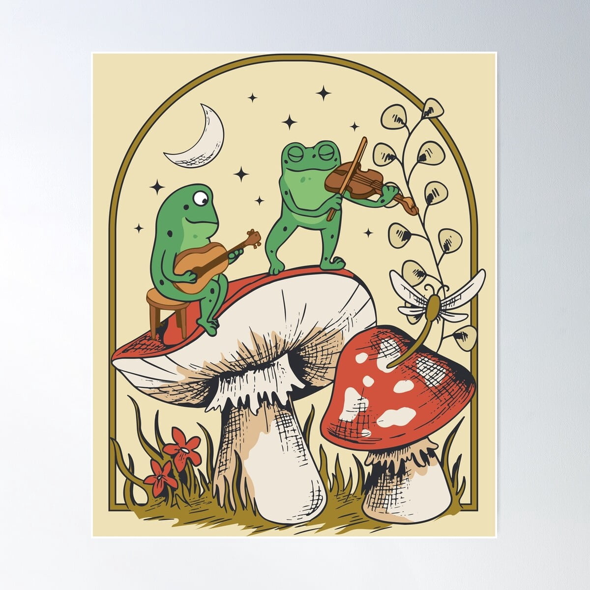 Cottagecore Aesthetic Frogs With Guitar And Violin Mushroom Art Poster ...