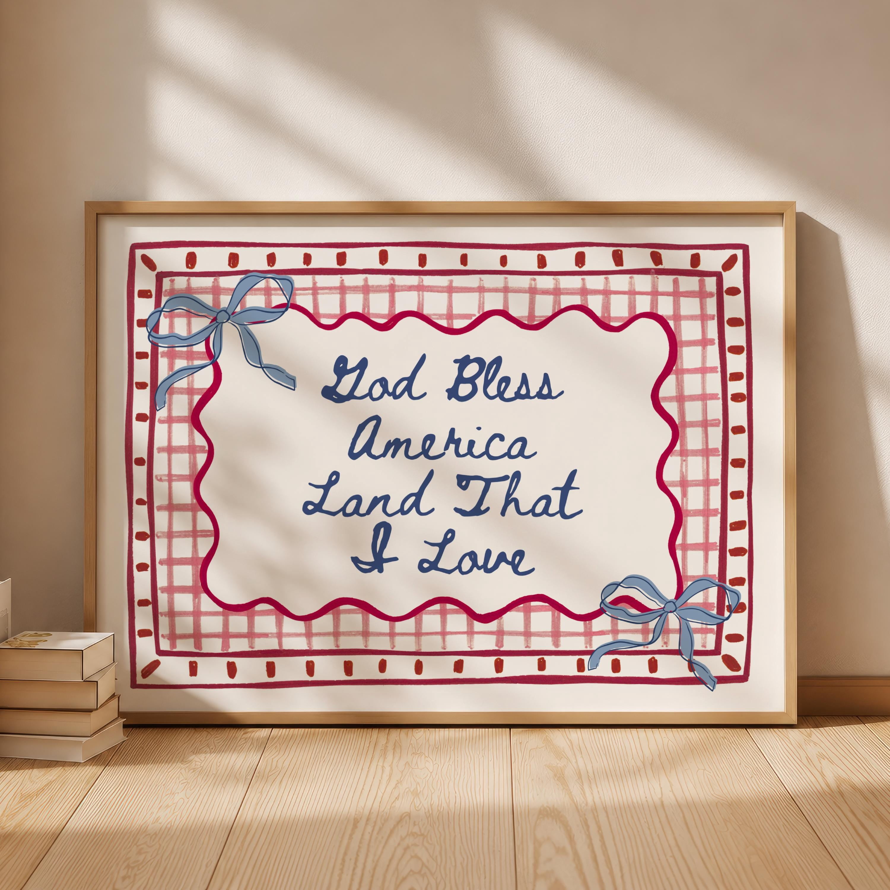 Cottagecore Americana Print: God Bless America Red Blue Gingham Wall ...