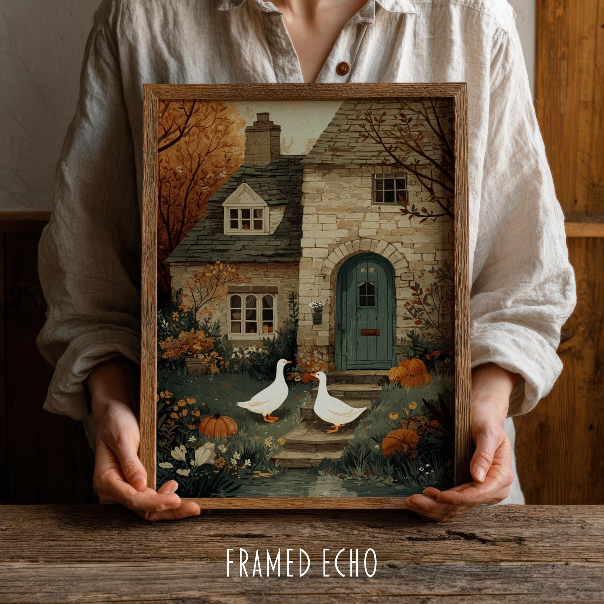 Cottagecore Autumn Print: Geese & Pumpkins, Rustic Stone Cottage ...
