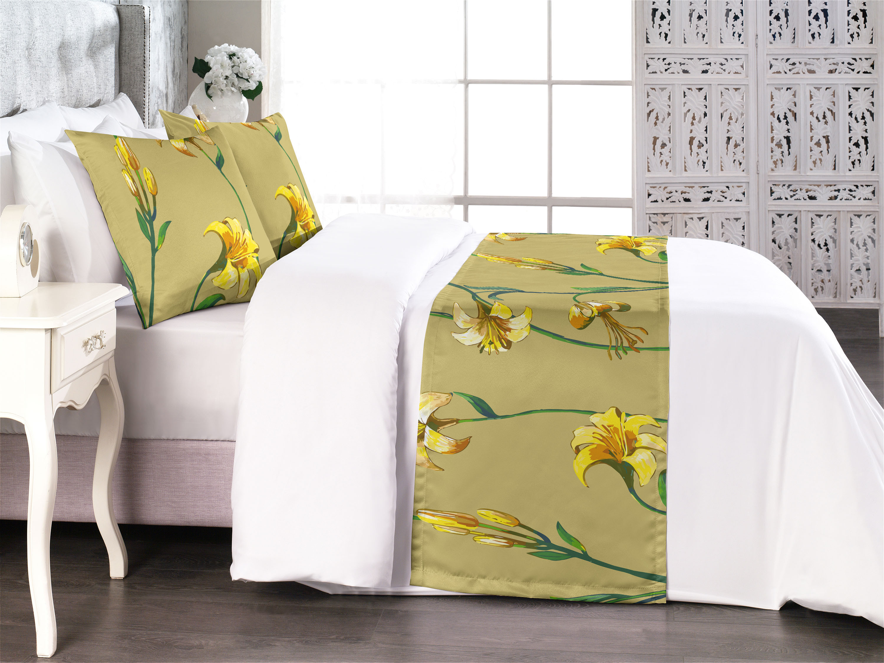 Cottagecore Bed Runner Set, Garden Scene Springtime Lily Pattern With ...