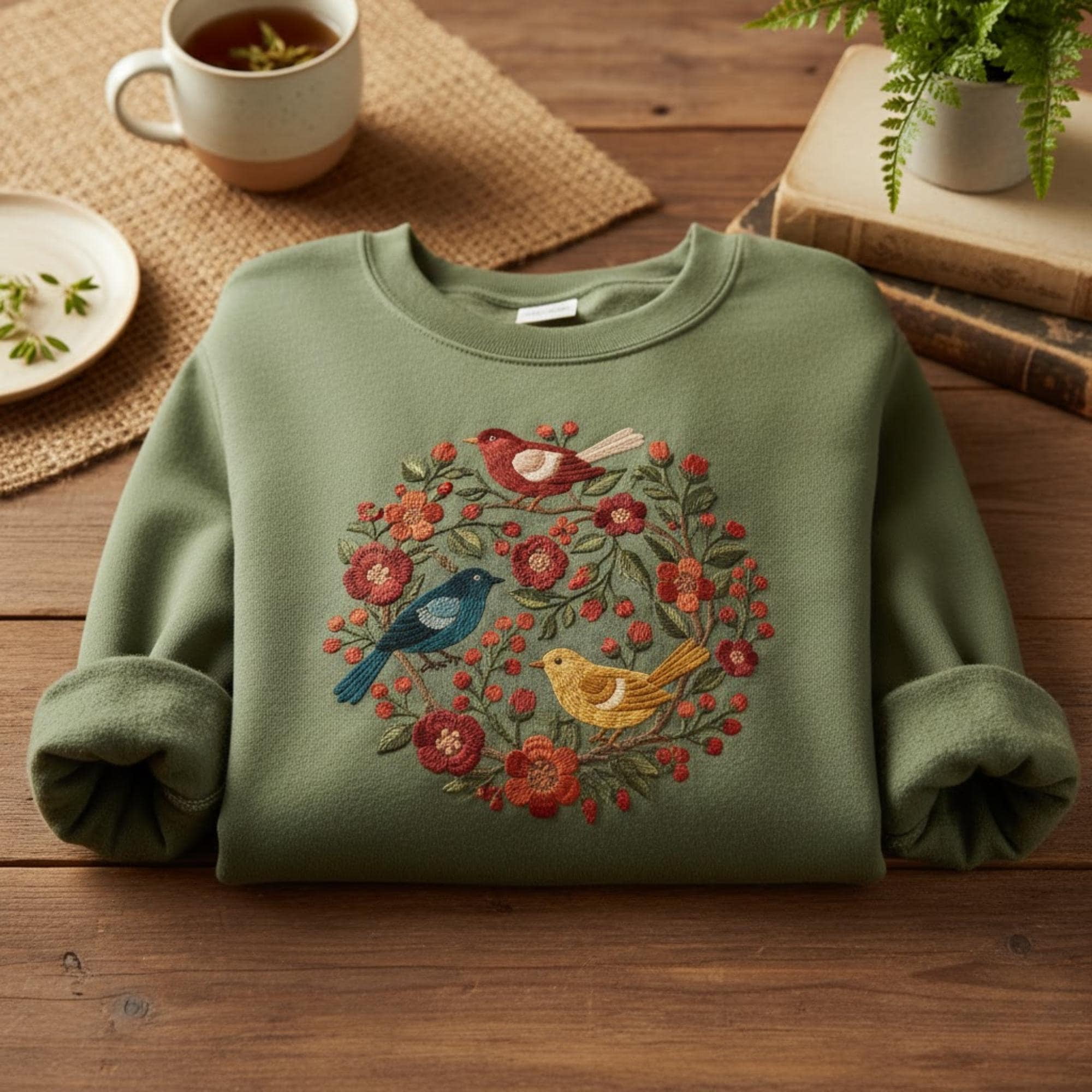 Cottagecore Birds and Flowers Embroidered Sweatshirt Folk Art Scandi ...