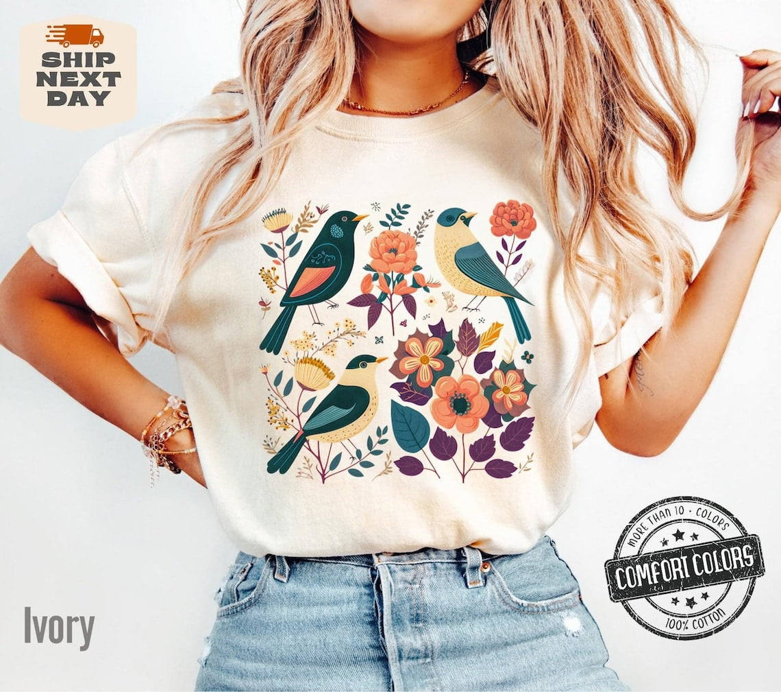 Cottagecore Birds and Flowers Shirt, Folk Art Scandi Art T Shirt, Plus ...