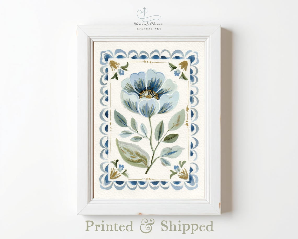 Cottagecore Blue Floral Wall Art Poster Grandmillennial Vintage Style ...