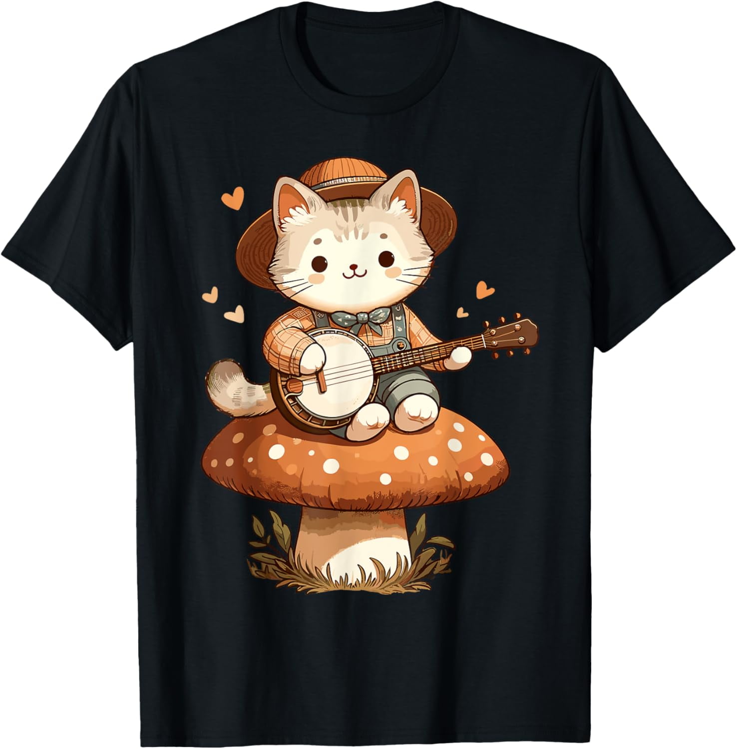 Cottagecore Cat Banjo on Mushroom Cat Aesthetic Kawaii Kitty T-Shirt ...