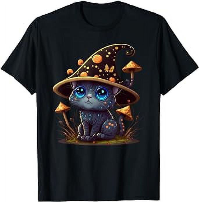 Cottagecore Cats Aesthetic Black Cat Mushroom Hat Kawaii T-Shirt ...