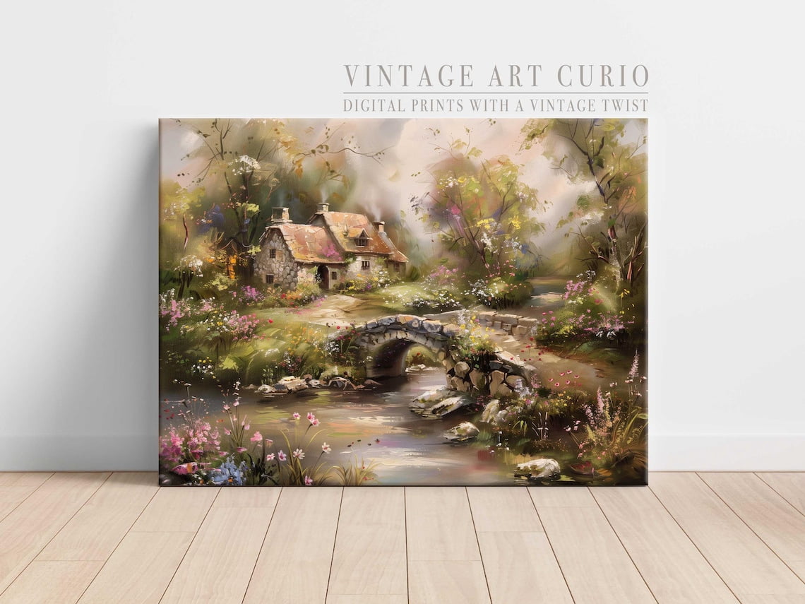 Cottagecore Cottage, Floral Bridge, Garden Landscape 2981 UNFRAMED ...