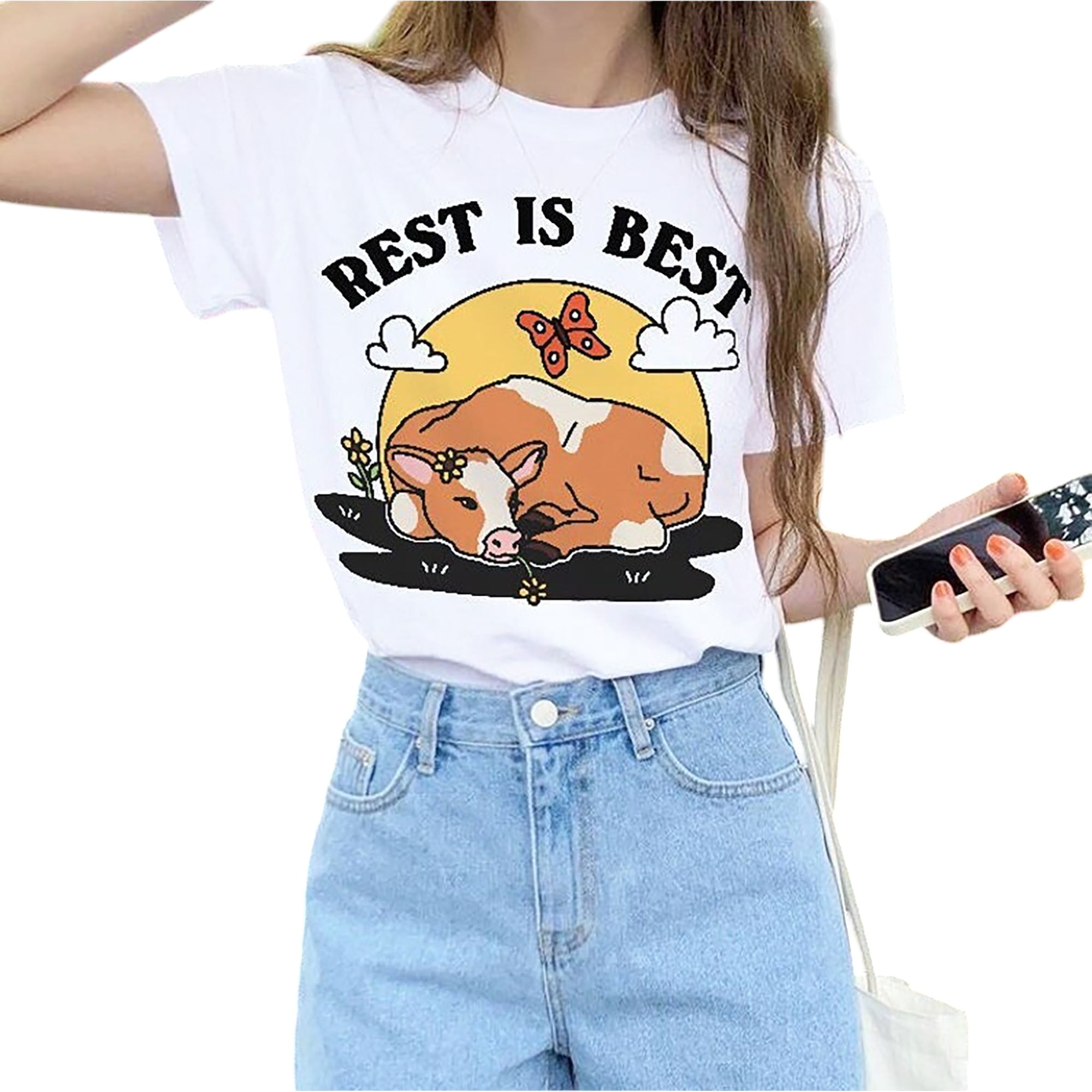 Cottagecore Cow Rest Is Best Quote Retro Unisex Classic 2D T-Shirt ...