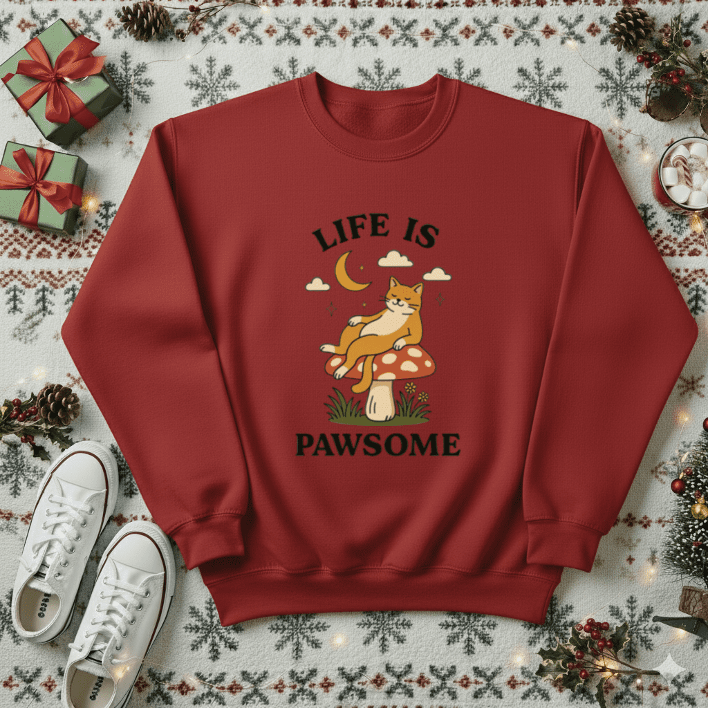 Cottagecore Cozy Life Is Pawsome Cat Mushroom Forest Scene Whimsical ...