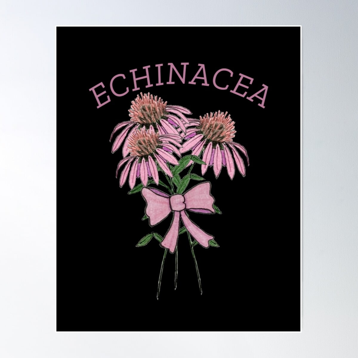 Cottagecore Echinacea Pink Bow Illustration Poster Wall Art, Modern ...