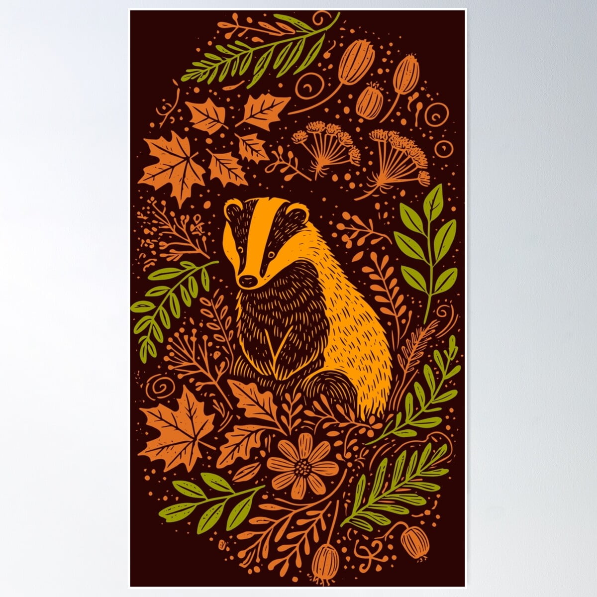Cottagecore Fall Badger With Autumnal Botanicals Poster Wall Art ...