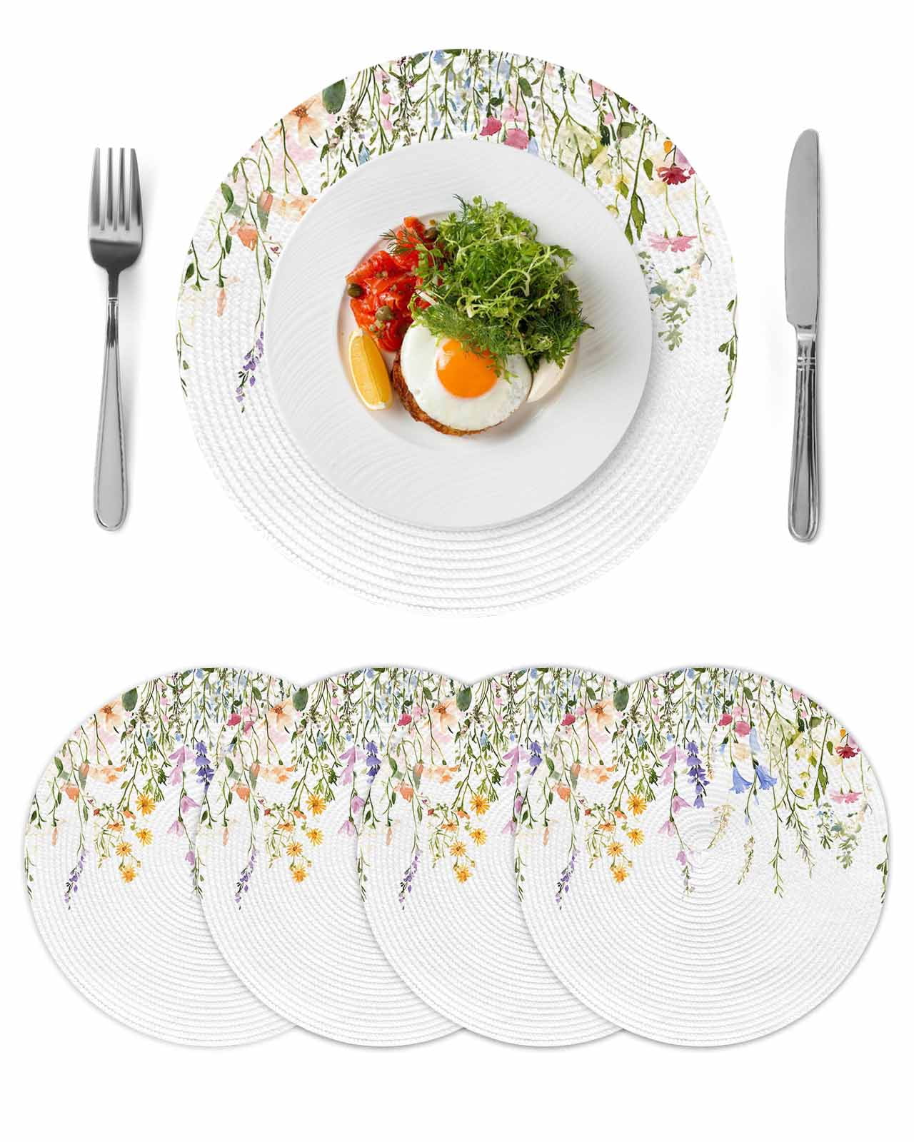 Cottagecore Floral Round Table Placemats set of 4, Colorful Watercolor ...