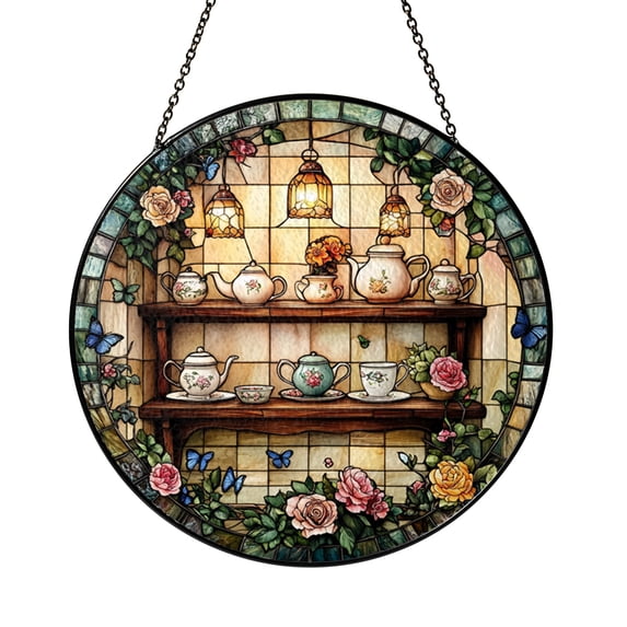 Cottagecore Floral Teacup Shelf Faux Stained Glass Suncatcher ...