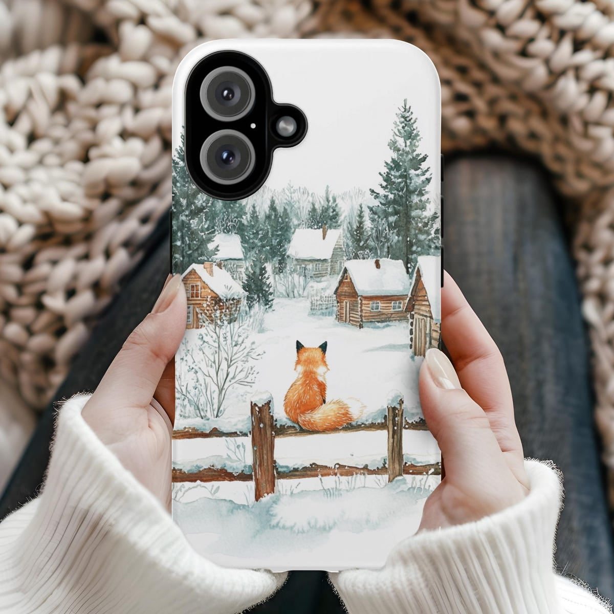 Cottagecore Fox Phone Case with a Snowy Winter Village and Forest Scene ...