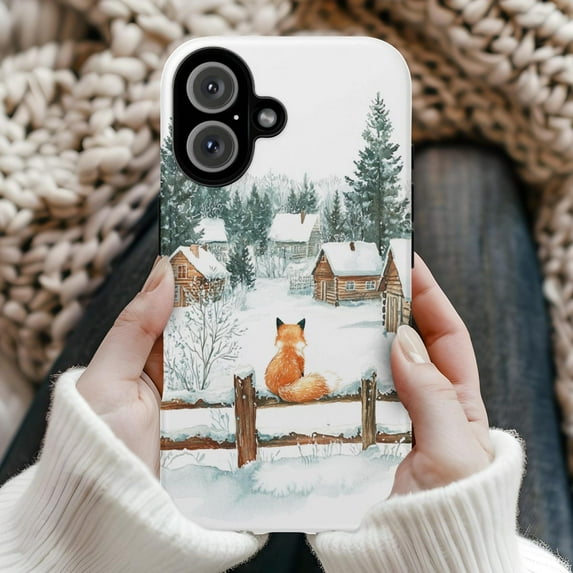 Cottagecore Fox Phone Case with a Snowy Winter Village and Forest Scene ...