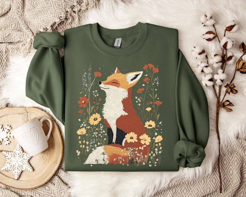Cottagecore Fox Sweatshirt with Wildflowers, Vintage Animal Sweatshirt ...