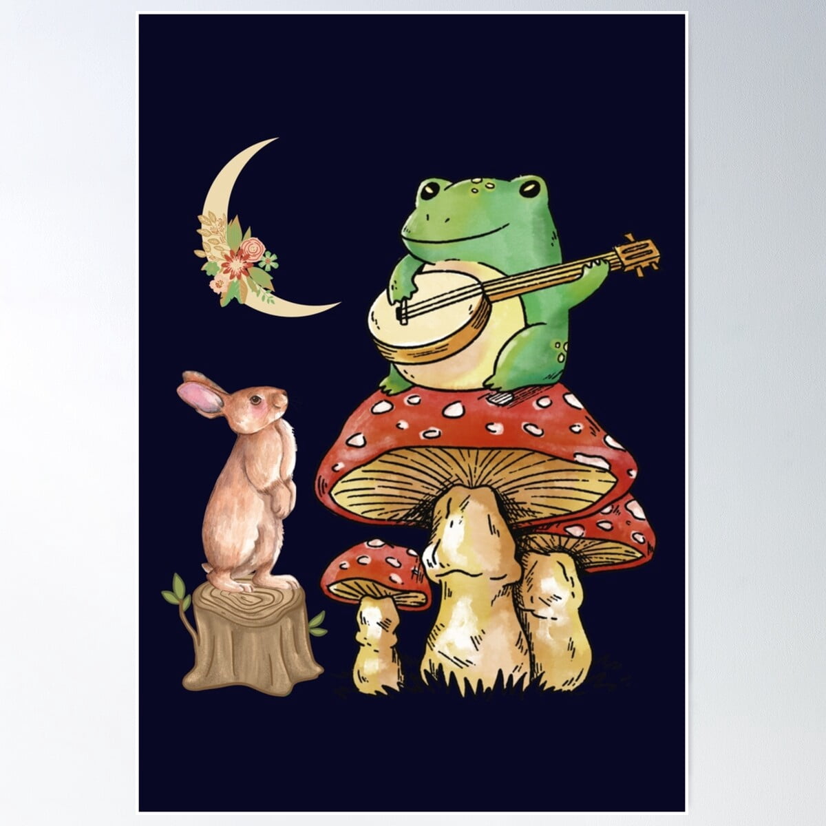 Cottagecore Frog Playing Banjo Mushroom Moon Poster Wall Art, Modern ...