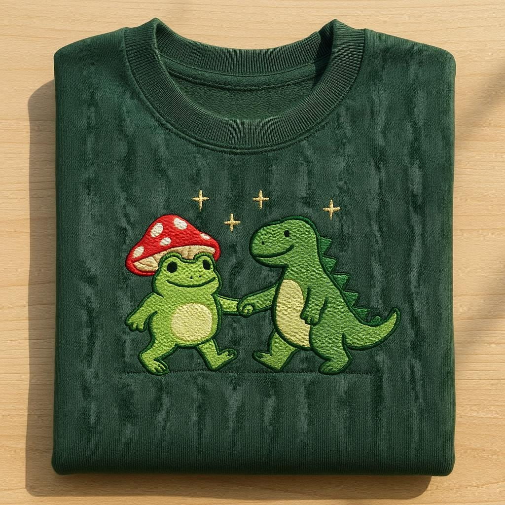 Cottagecore Frog and Dinosaur Embroidered Sweatshirt, Cute Toad ...