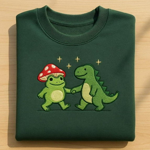 Cottagecore Frog and Dinosaur Embroidered Sweatshirt, Cute Toad ...
