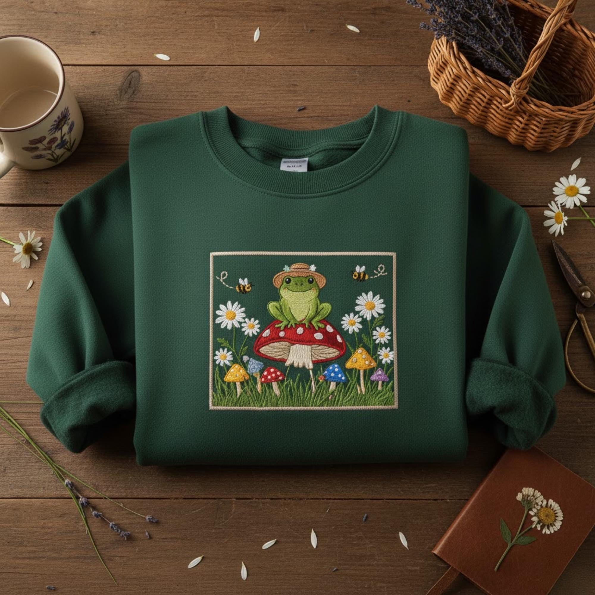 Cottagecore Frog and Mushroom Embroidered Sweatshirt Floral Bee Design ...