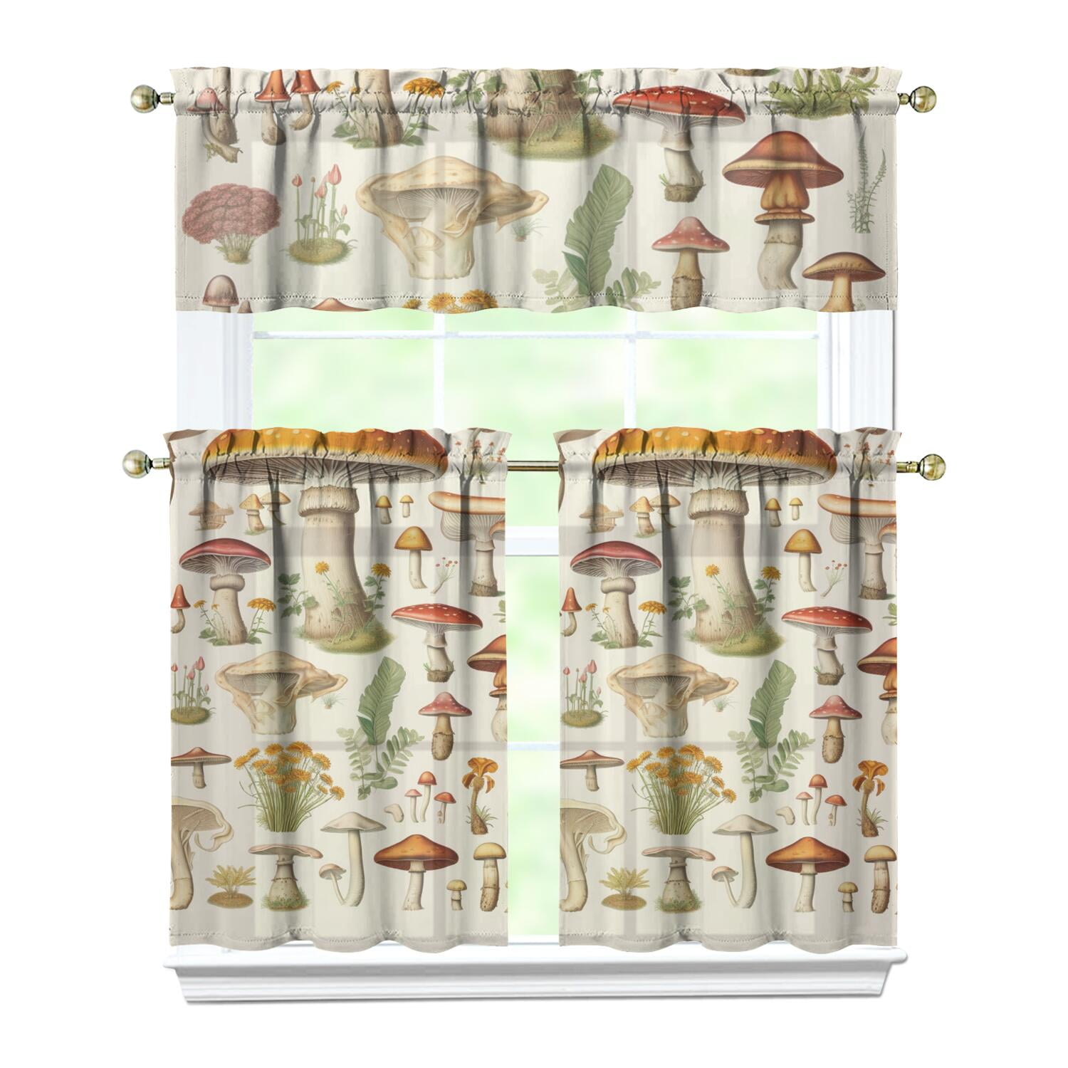 Cottagecore Fungi Curtains Set - 3 Piece Whimsical Mushroom Design, Rod ...