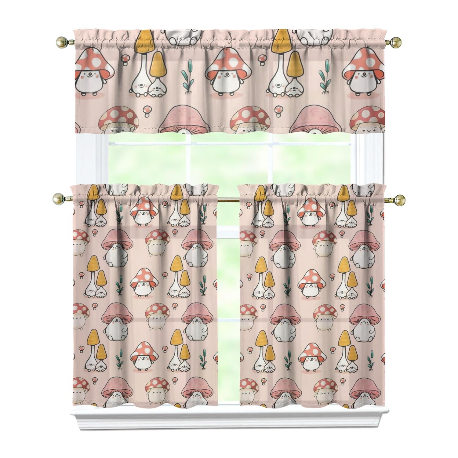 Cottagecore Fungi Curtains Set - 3 Piece Whimsical Mushroom Design, Rod Pocket Panels for Small ...