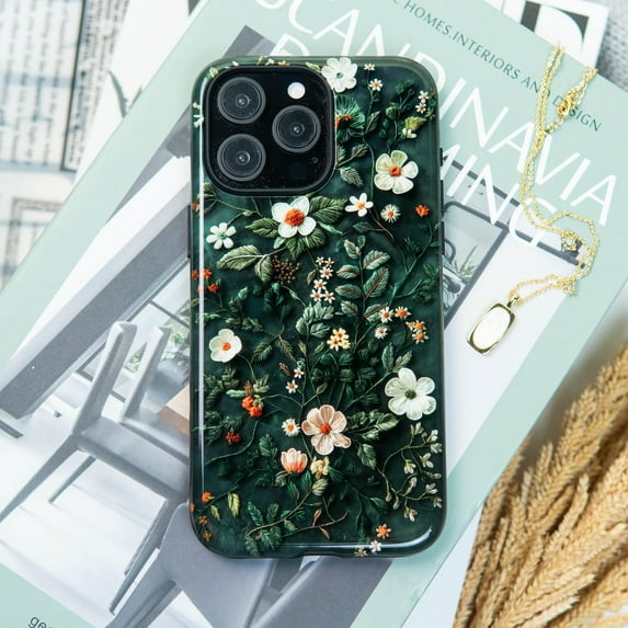 Cottagecore Green Floral Embroidery Style Botanical Protective Tough ...