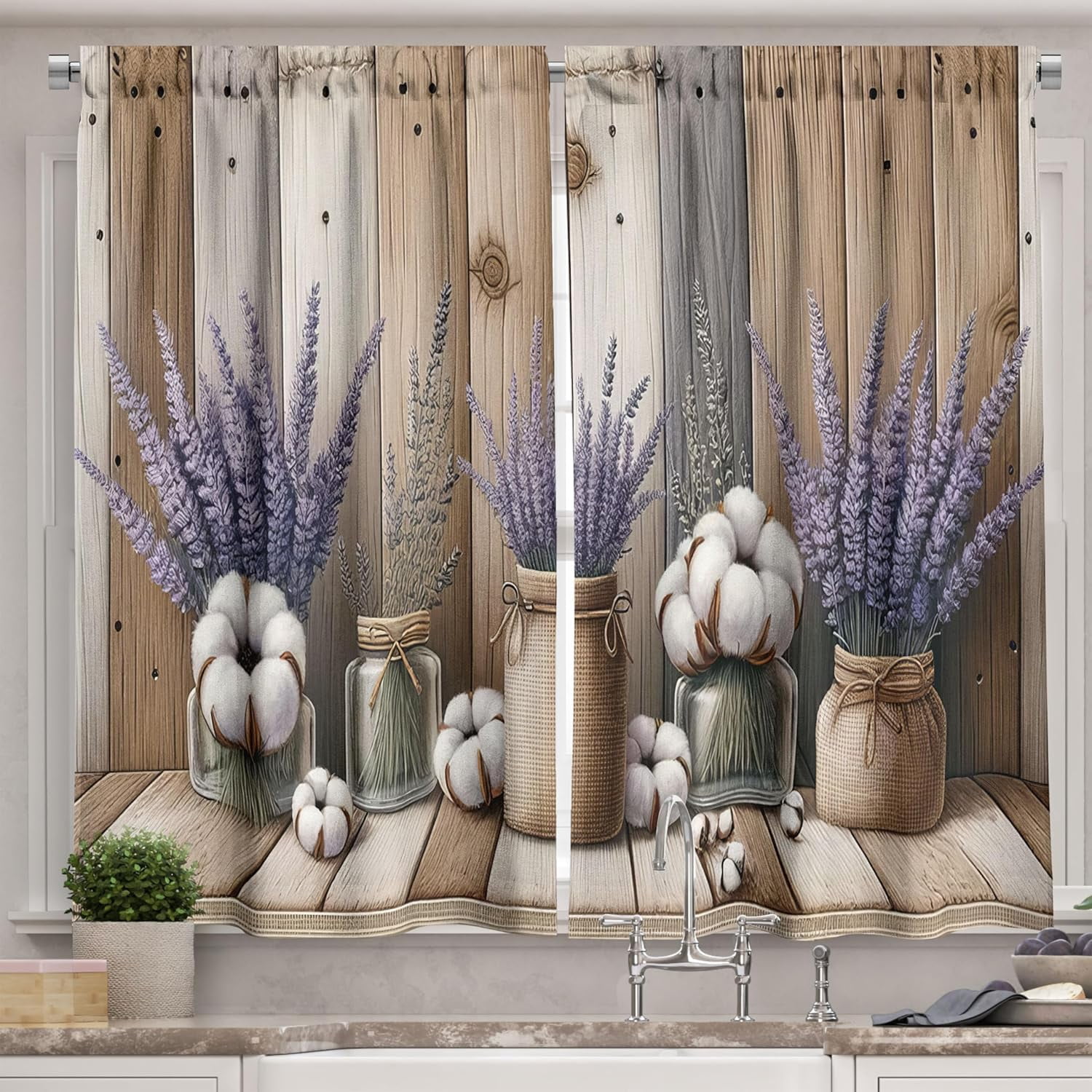 Cottagecore Kitchen Curtains, Rustic and Romantic Flowers in Jars on ...
