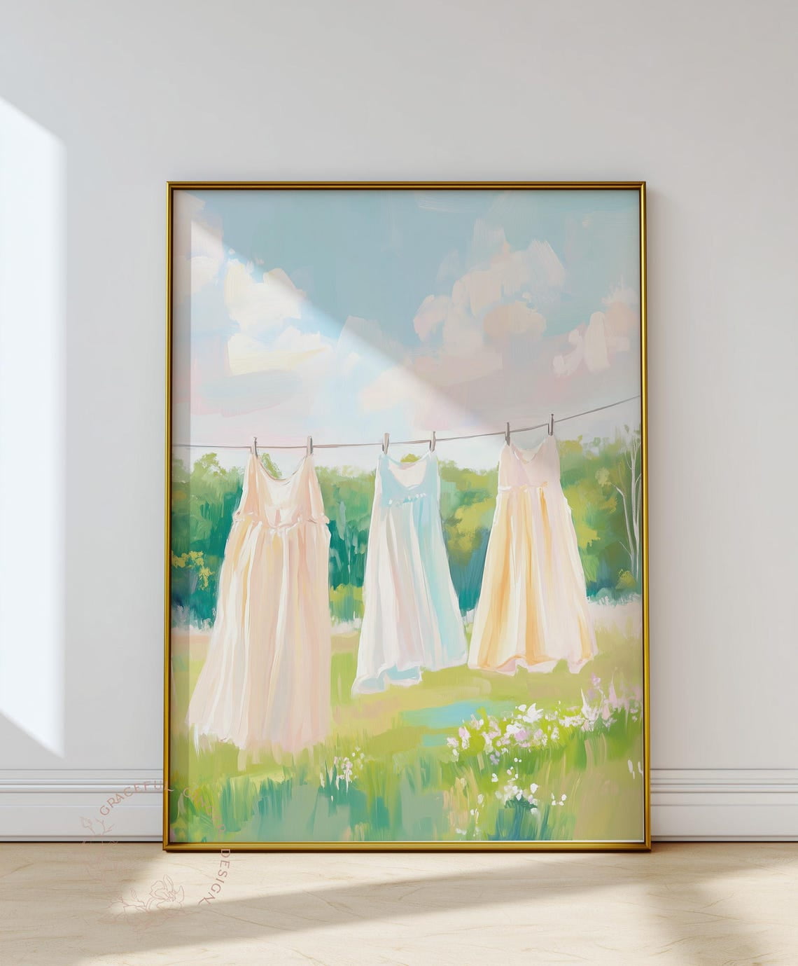 Cottagecore Laundry Line Print, Pastel Sundresses, Summer Field Wall ...