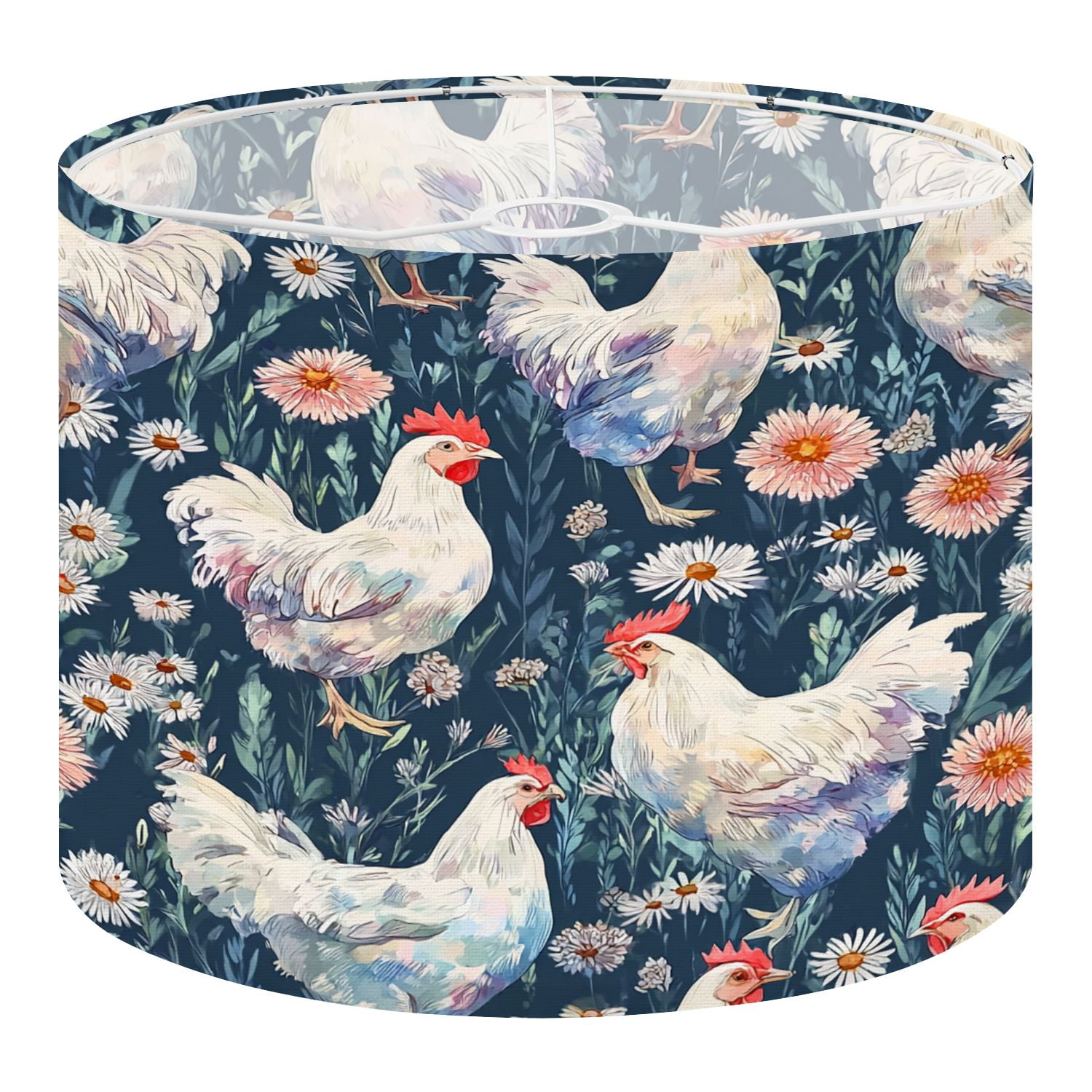 Cottagecore Linen Drum Lampshades White Roosters Daisies Floral Dark 13 ...