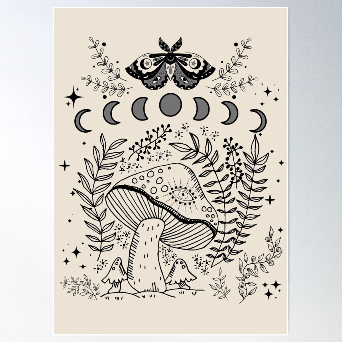 Cottagecore Mushroom Moon Phases Ivory Aesthetic Poster, 8x12 UNFRAMED ...