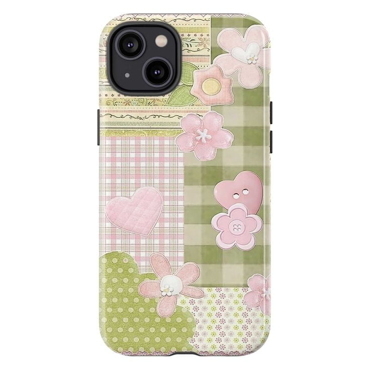 Cottagecore Patchwork Phone Case, Pink Green Floral Hearts Plaid ...
