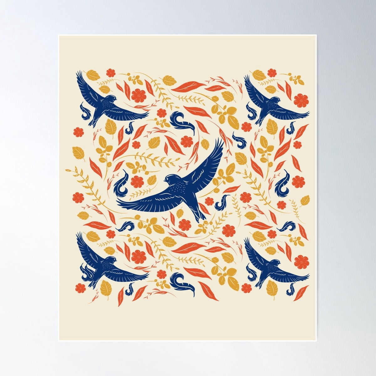 Cottagecore Pattern - Birds Leaves Flowers Poster Wall Art, Modern Wall ...