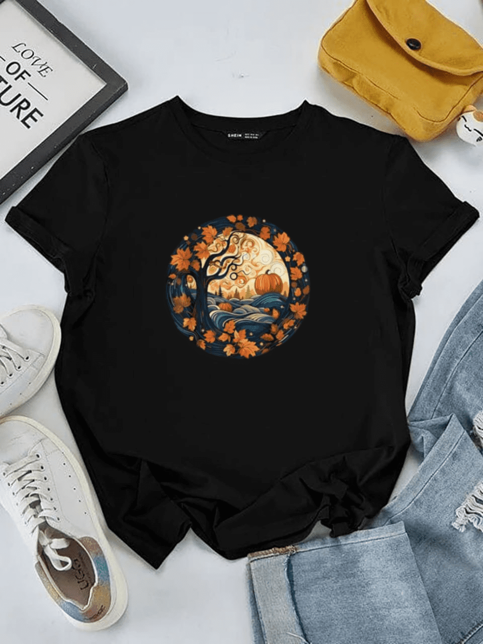 Cottagecore Pumpkins Leaves Autumn Trees Harvest Cozy Graphic Unisex T ...