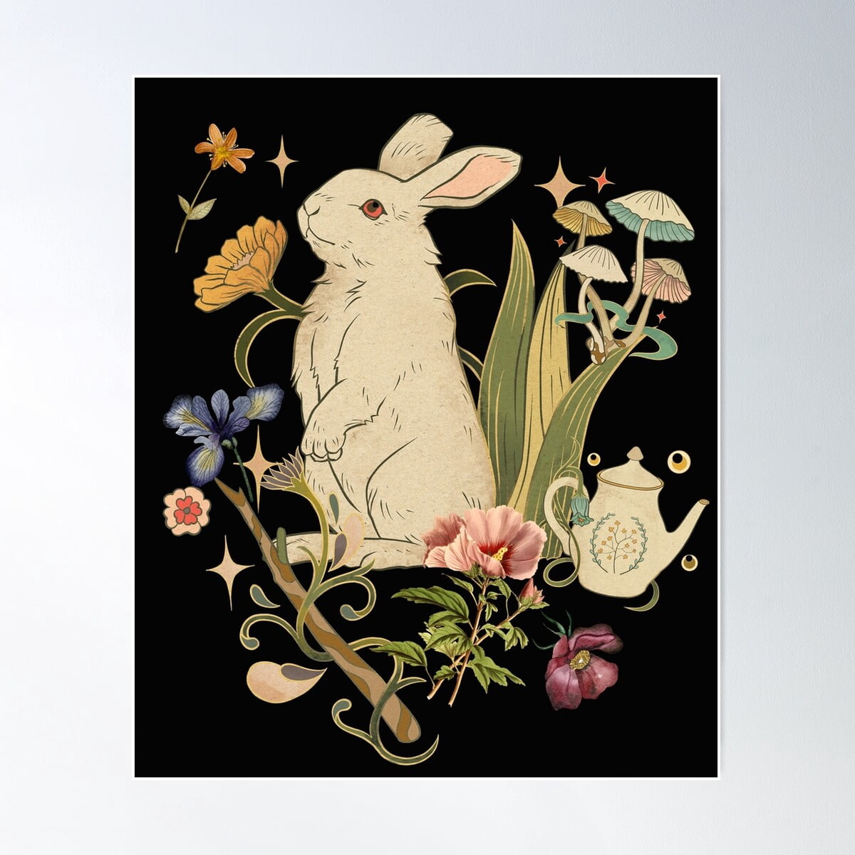 Cottagecore Rabbit With Flowers Vintage Style Design Poster Wall Art ...