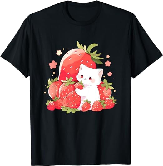 Cottagecore Strawberry Cute Cat Kawaii Anime Neko Strawberry T-Shirt ...