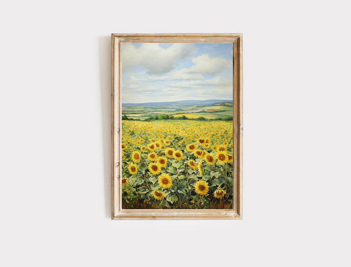 Cottagecore Sunflower Field English Landscape Art Print, Vintage Wall ...