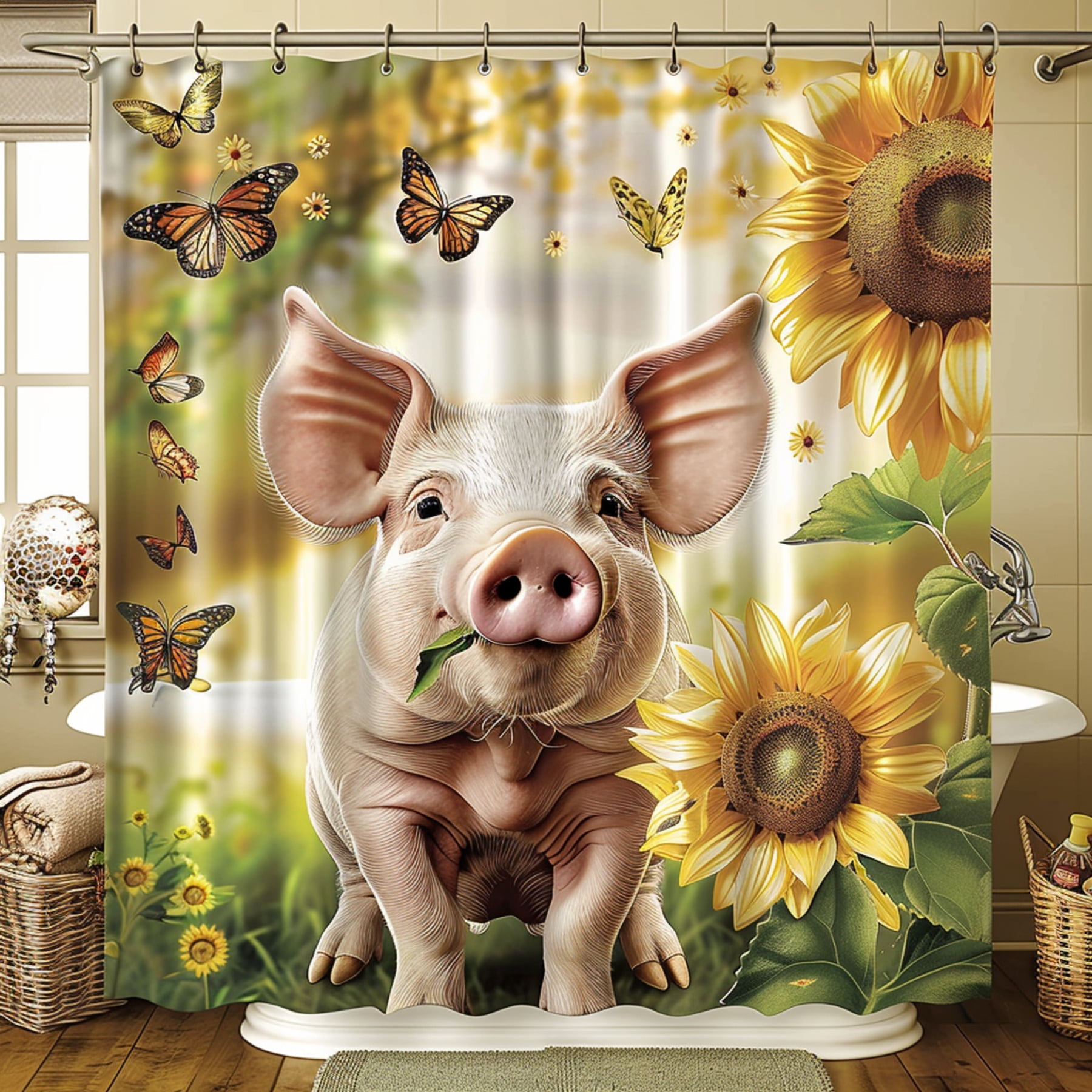 Cottagecore Sunflower Pig Shower Curtain Hyper Realistic Print ...