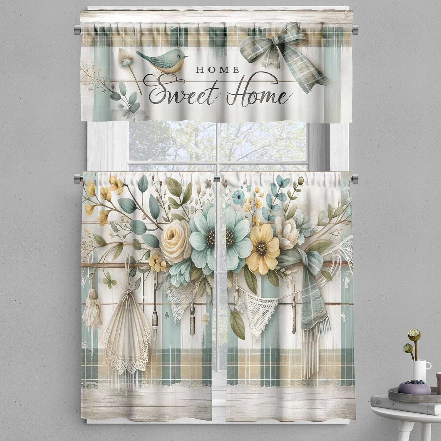 Cottagecore Valance & Tier Curtain 3 pcs Set, Home Lettering Tartan and ...