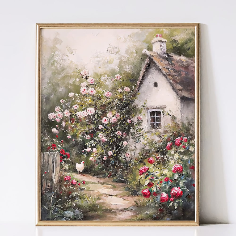 Cottagecore : Vintage Chicken & Flowers Art (Poster) UNFRAMED PAPER ...