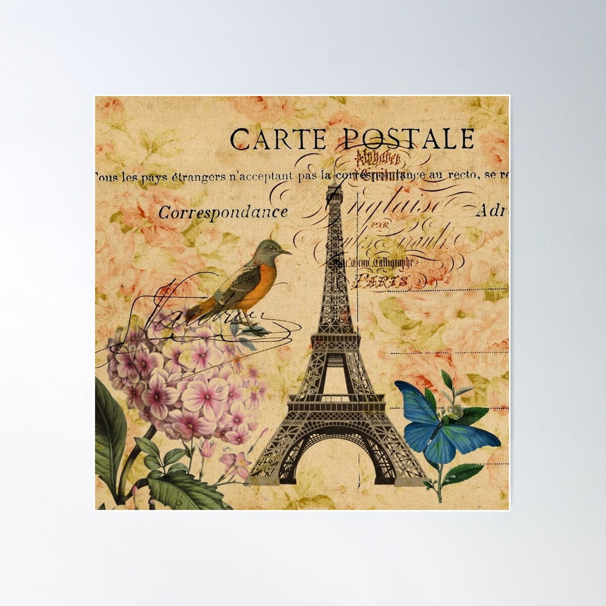 Cottagecore Vintage Eiffel Tower Floral Bird Butterfly Poster Wall Art ...