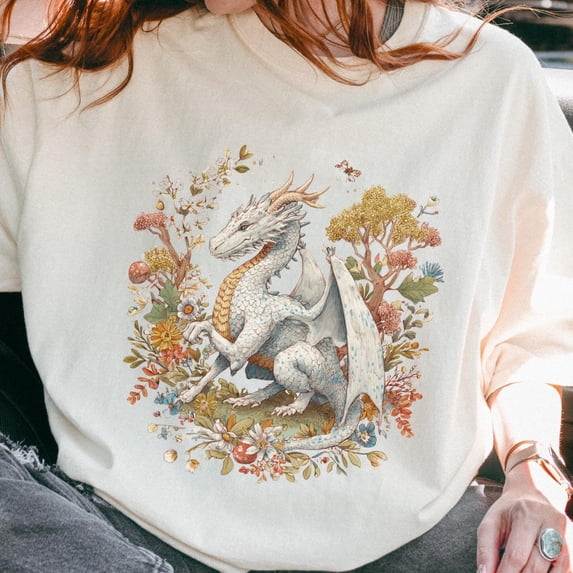 Cottagecore White Dragon Tshirt Style Floral Fantasy Dragon Tee Shirt ...