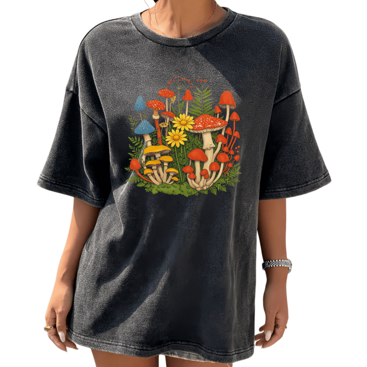 Cottagecore Wild Mushroom Graphic Tees Washed Black Shirts Print Tshirt ...