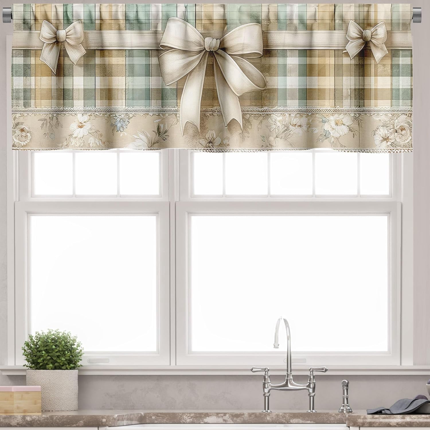 Cottagecore Window Valance, Beige Tone Bows on Buffalo Plaid Pattern ...