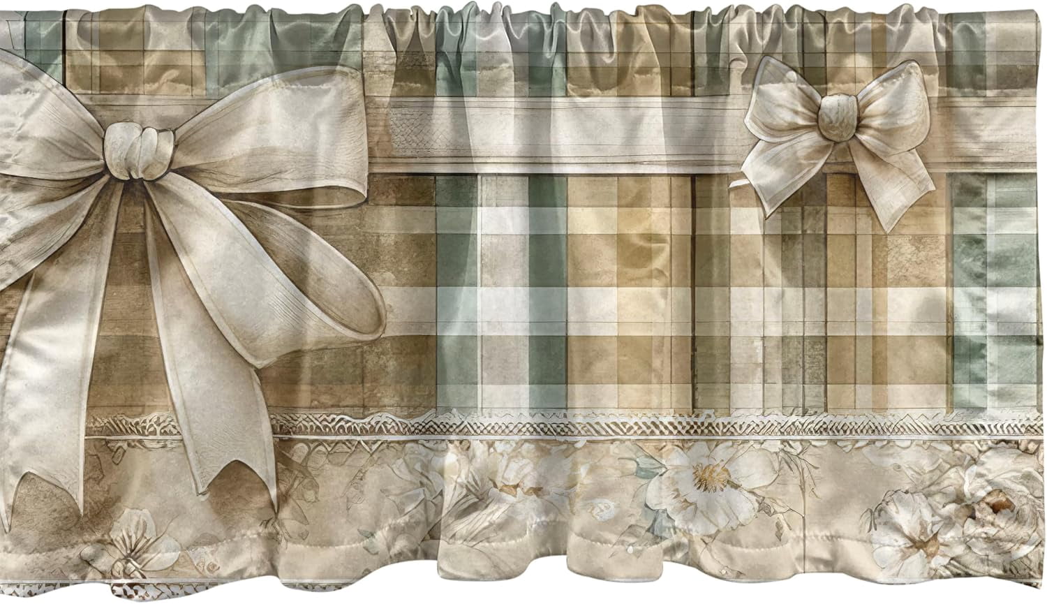 Cottagecore Window Valance, Beige Tone Bows on Buffalo Plaid Pattern ...