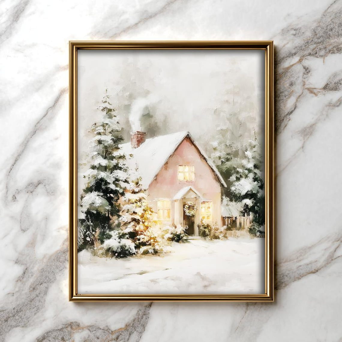 Cottagecore Winter Landscape Poster, Cozy Red Cottage Scene, Snowy ...