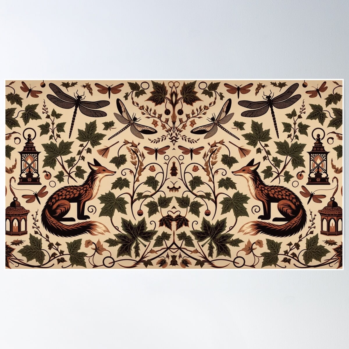 Cottagecore Woodland Fox And Dragonfly Pattern Poster Wall Art, Modern ...