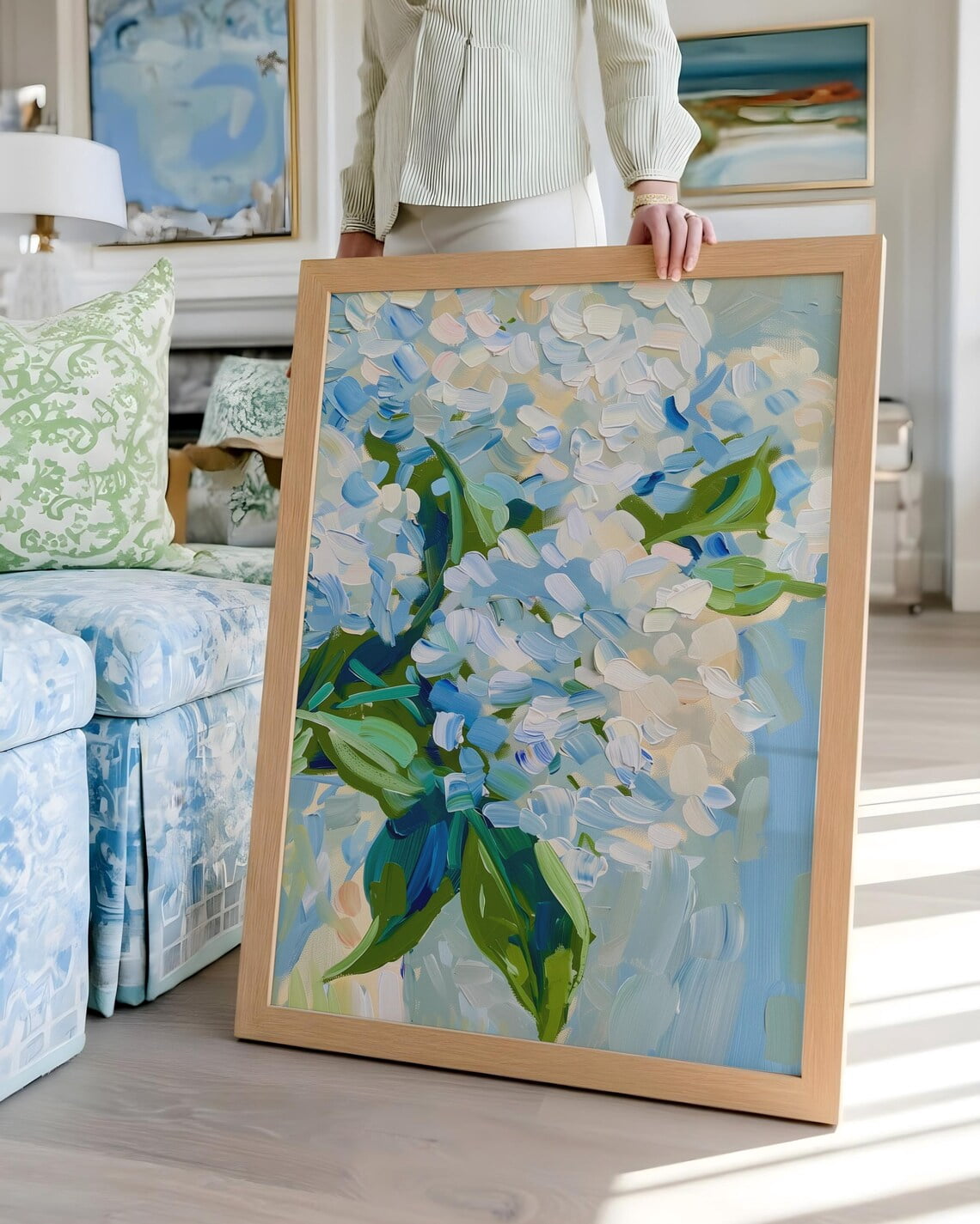 Cottegecore Blue Hydrangea Wall Art Print, White Nursery Botanical ...